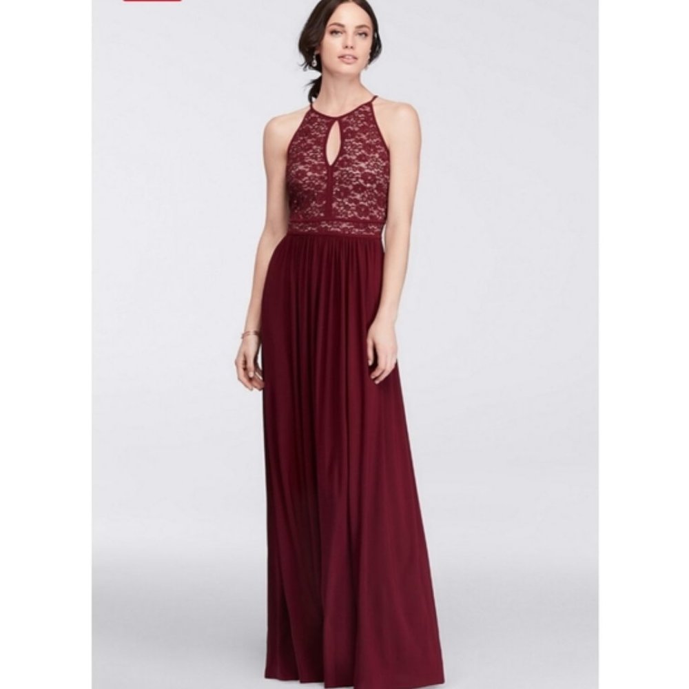 Morgan & Co Lace Keyhole Tie Back Halter Dress - Gem